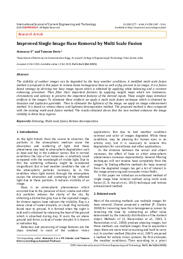 (PDF) Improved Single Image Haze Removal by Multi Scale Fusion