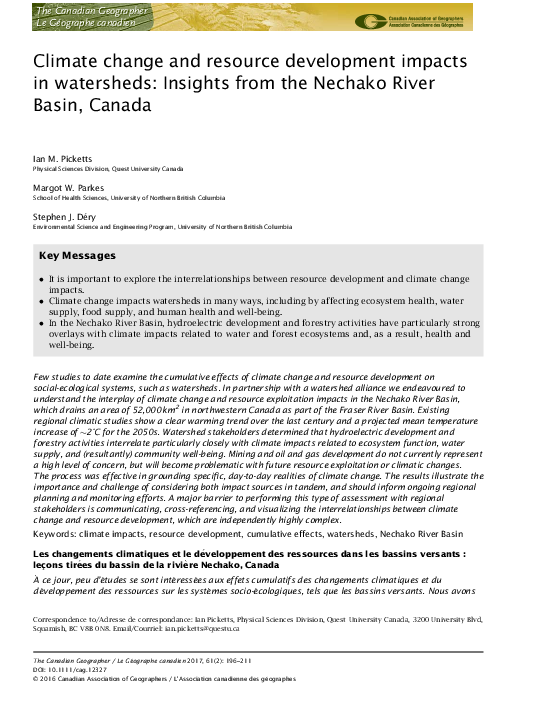(PDF) Climate change and resource development impacts in watersheds ...
