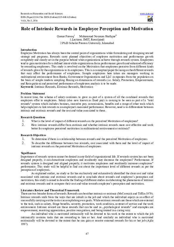 (PDF) Role of Intrinsic Rewards in Employee Perception and Motivation