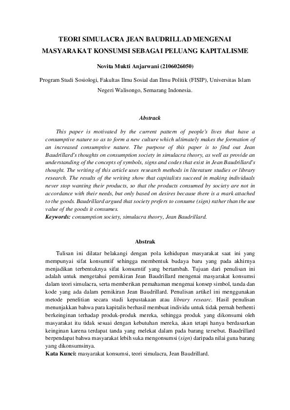 (PDF) TEORI SIMULACRA JEAN BAUDRILLAD MENGENAI MASYARAKAT KONSUMSI ...