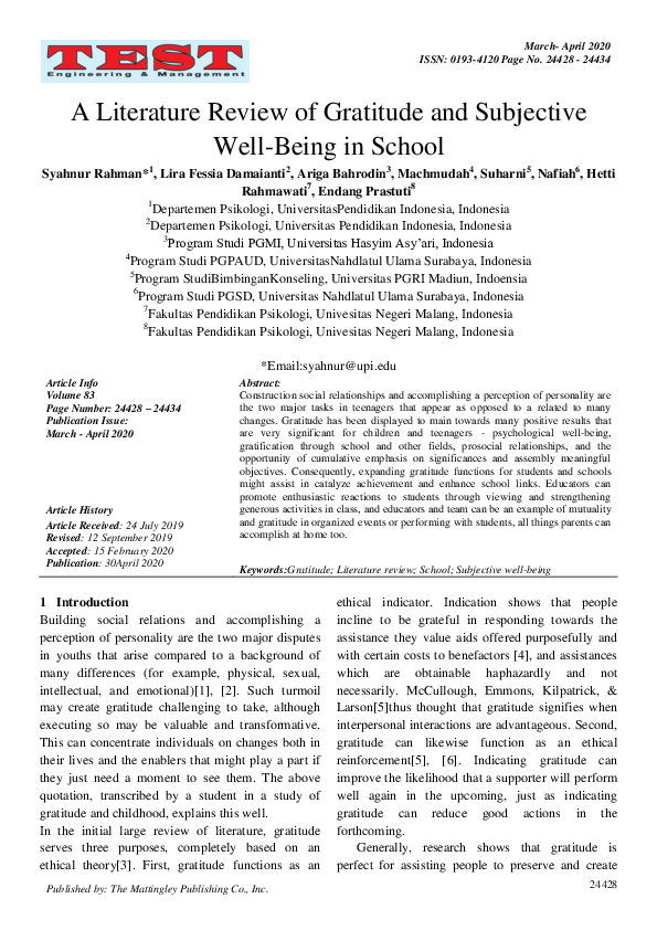 (PDF) A Literature Review of Gratitude and Subjective Well-Being in School