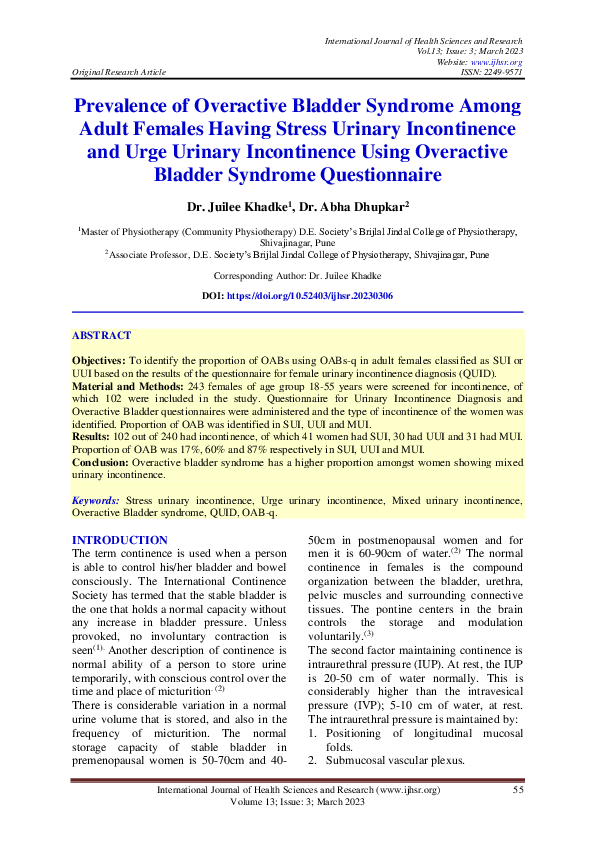 Pdf Prevalence Of Overactive Bladder Syndrome Among Adult Females