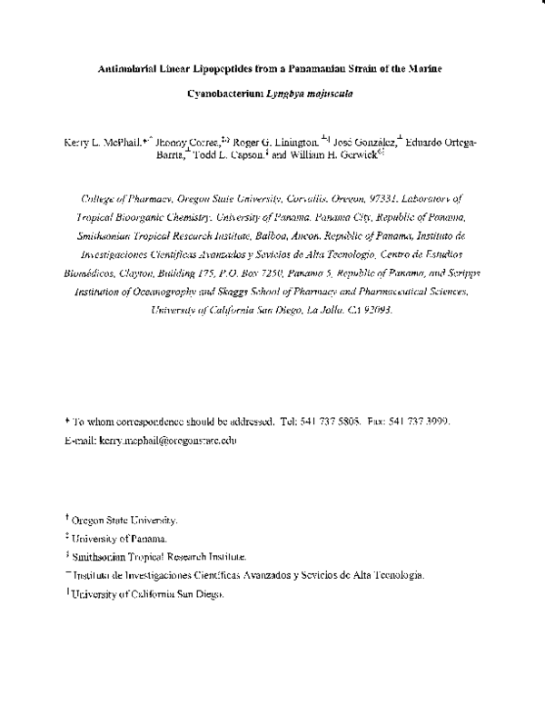 (PDF) Antimalarial Linear Lipopeptides from a Panamanian Strain of the ...