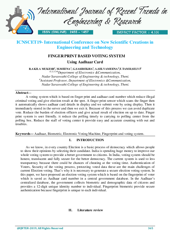 (PDF) FINGER PRINT BASED VOTING SYSTEM Using Aadhaar Card