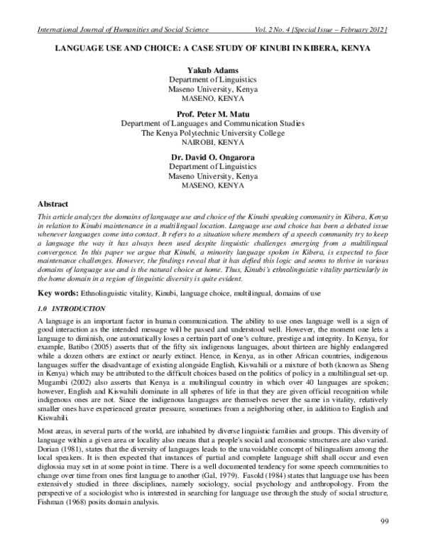 (PDF) Language Use and Choice: A Case Study of Kinubi in Kibera, Kenya