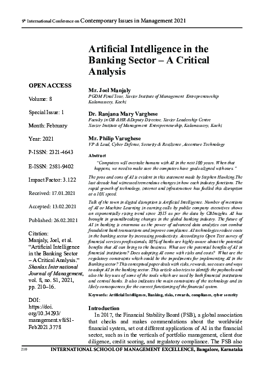 (PDF) Artificial Intelligence in the Banking Sector – A Critical Analysis