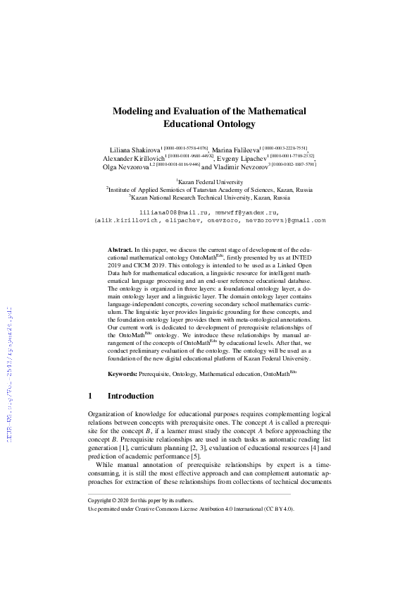 (PDF) Modeling and Evaluation of the Mathematical Educational Ontology
