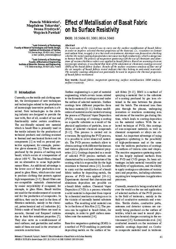 (PDF) Effect of Metallisation of Basalt Fabric on Its Surface Resistivity