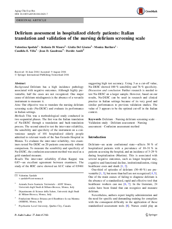 (PDF) Delirium assessment in hospitalized elderly patients: Italian ...