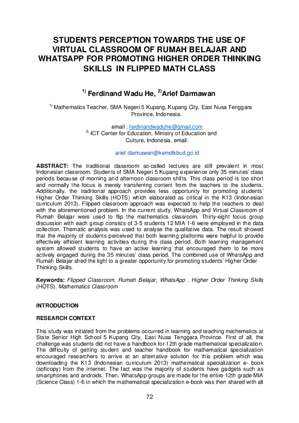 (PDF) Students Perception Towards the Use of Virtual Classroom of Rumah Belajar and Whatsapp for ...