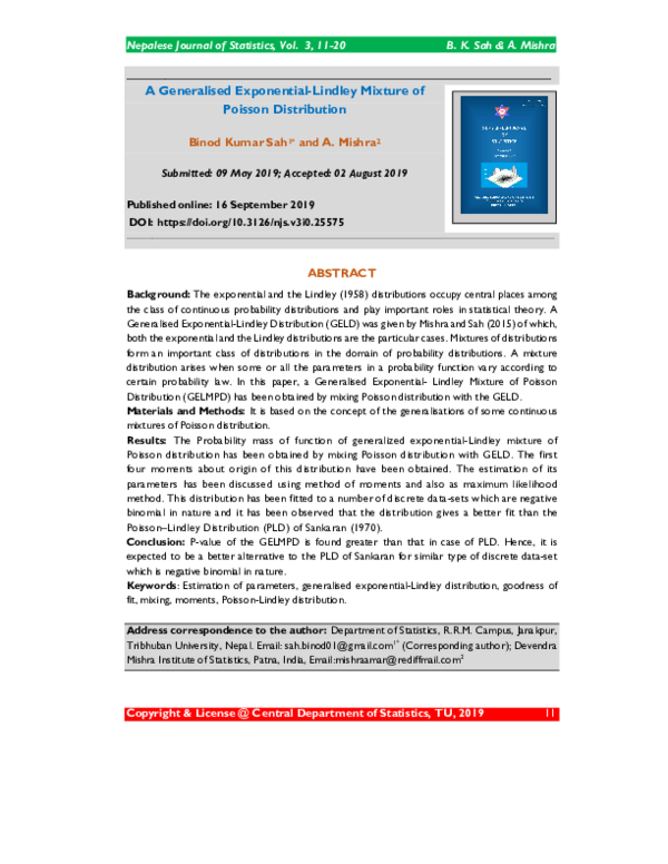 (PDF) A Generalised Exponential-Lindley Mixture of Poisson Distribution