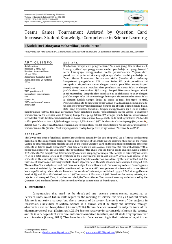 (PDF) Teams Games Tournament Assisted by Question Card Increases ...