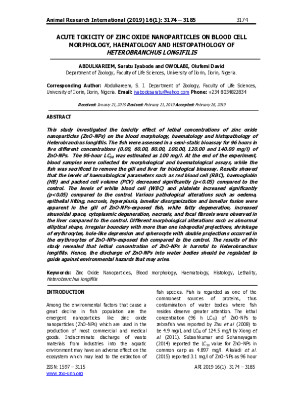 (PDF) Acute toxicity of zinc oxide nanoparticles on blood cell ...