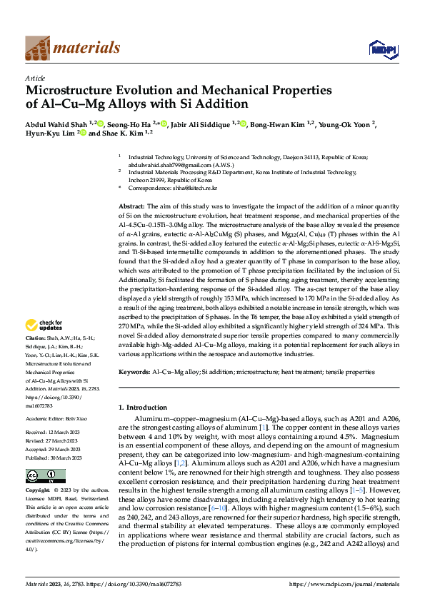 (PDF) Microstructure Evolution and Mechanical Properties of Al–Cu–Mg Alloys with Si Addition