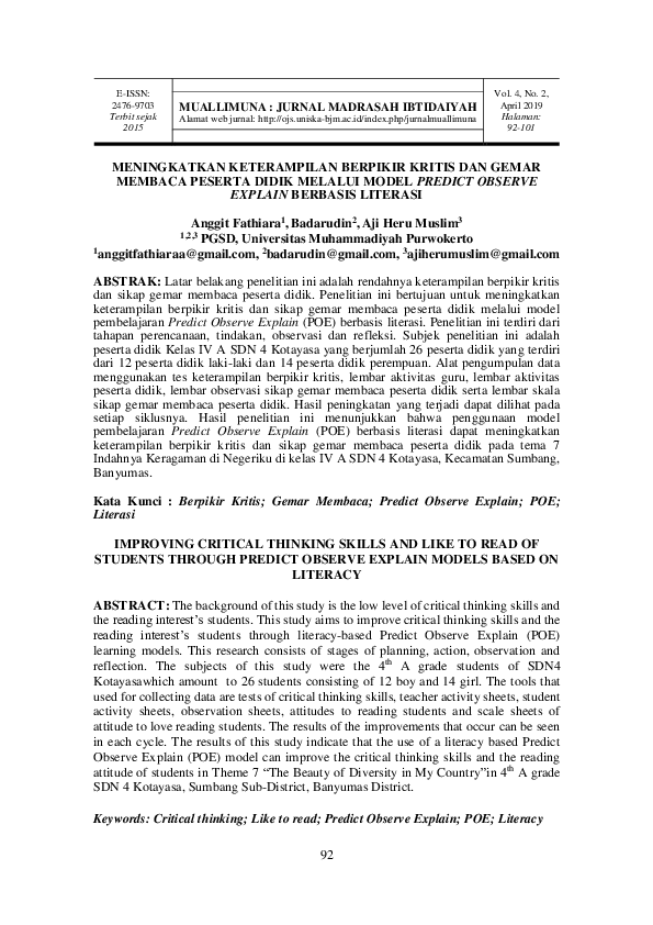 (PDF) Meningkatkan Keterampilan Berpikir Kritis Dan Gemar Membaca Peserta Didik Melalui Model ...