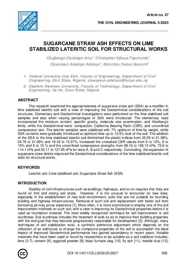 (PDF) Sugarcane Straw Ash Effects on Lime Stabilized Lateritic Soil for ...