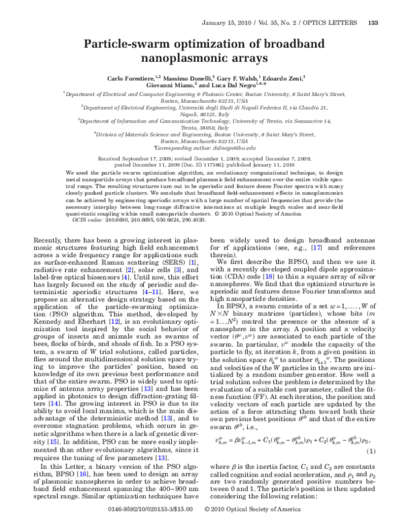(PDF) Particle-swarm optimization of broadband nanoplasmonic arrays | Massimo Donelli - Academia.edu