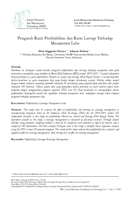 (PDF) Pengaruh Rasio Profitabilitas dan Rasio Leverage Terhadap Manajemen Laba