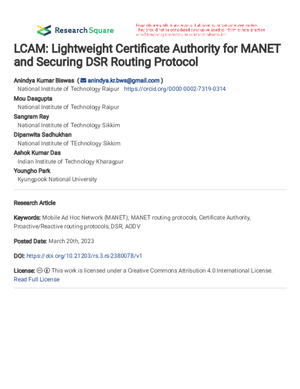 (PDF) LCAM: Lightweight Certificate Authority for MANET and Securing DSR Routing Protocol