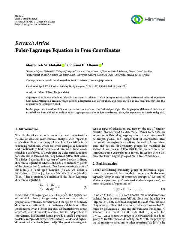Pdf Euler‐lagrange Equation In Free Coordinates