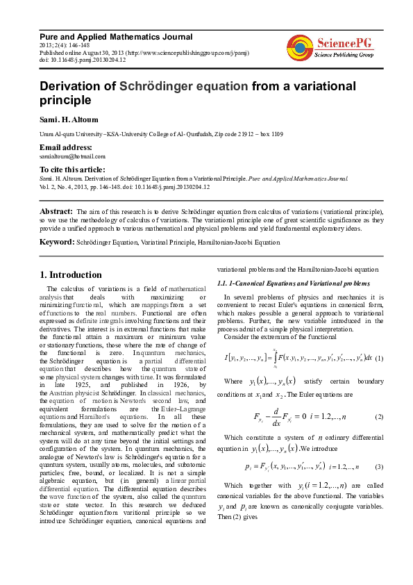 (PDF) Derivation of Schrõdinger Equation from a Variational Principle