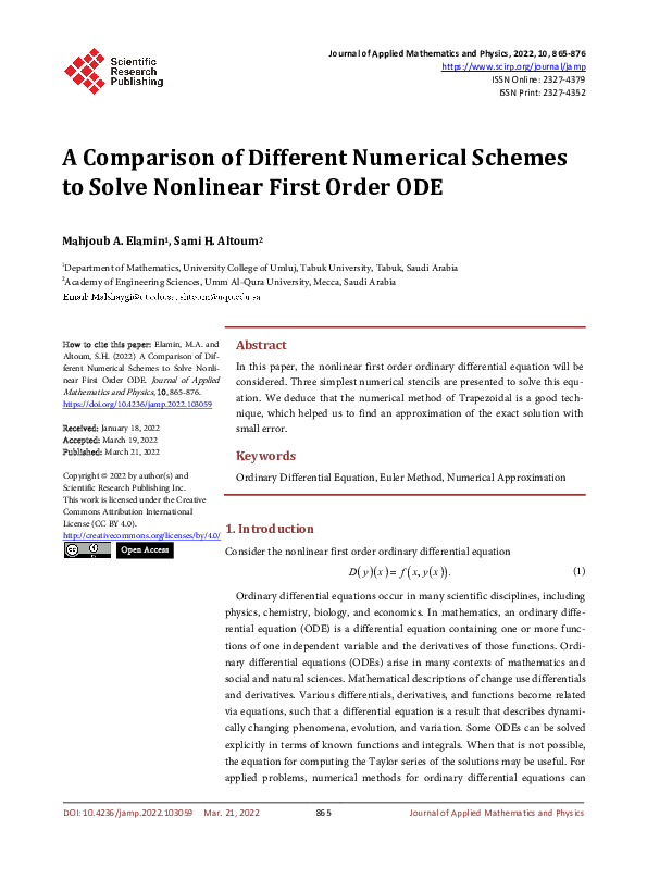 (PDF) A Comparison of Different Numerical Schemes to Solve Nonlinear First Order ODE