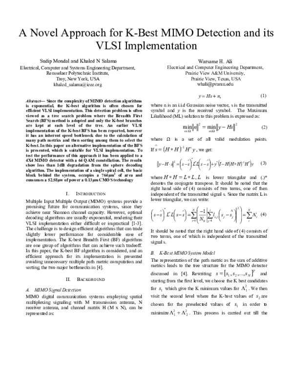 (PDF) A novel approach for K-best MIMO detection and its VLSI implementation