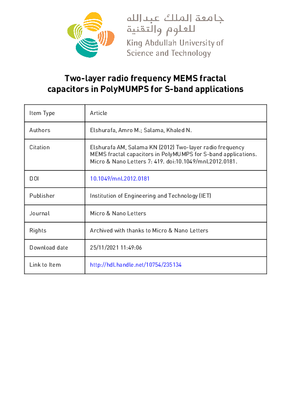 (PDF) Two-layer RF MEMS fractal capacitors in PolyMUMPS for S-band ...