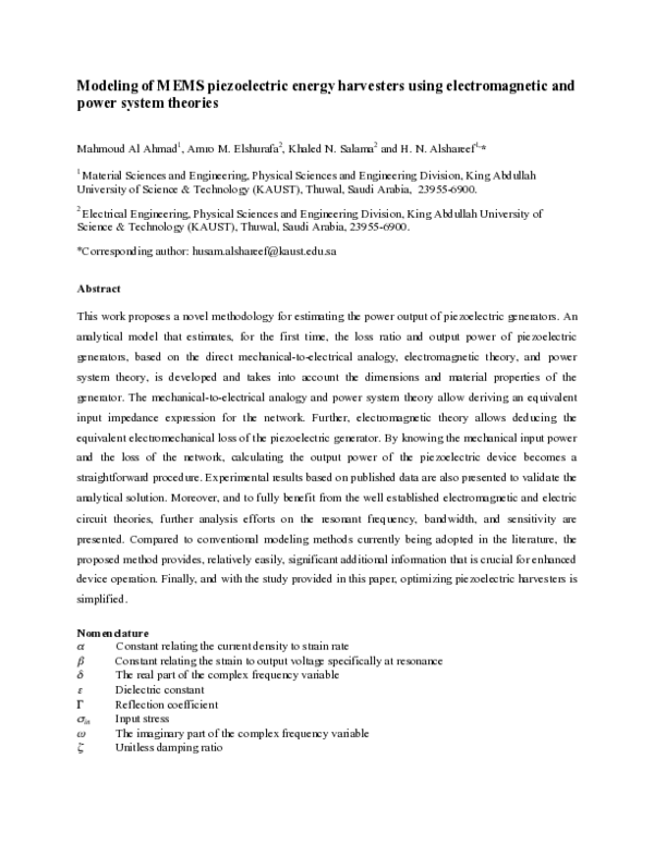(PDF) Modeling of MEMS piezoelectric energy harvesters using electromagnetic and power system ...
