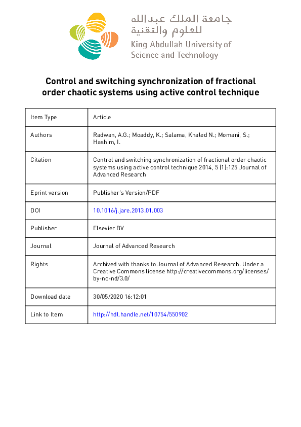 (PDF) Control and switching synchronization of fractional order chaotic systems using active ...