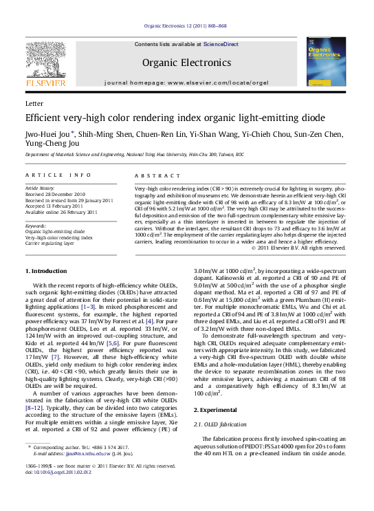(PDF) Efficient very-high color rendering index organic light-emitting diode | SunZen Chen ...