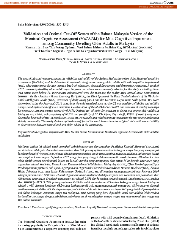 (PDF) Validation and Optimal Cut-Off Scores of the Bahasa Malaysia ...