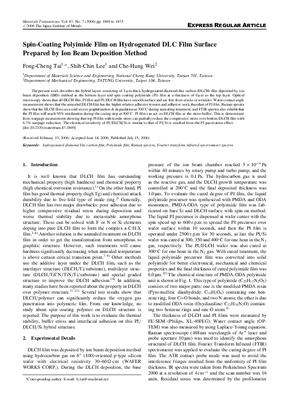 (PDF) Spin-Coating Polyimide Film on Hydrogenated DLC Film Surface Prepared by Ion Beam ...