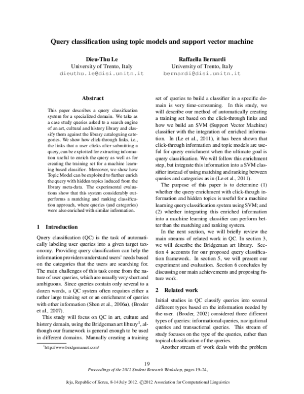 (PDF) Query classification using topic models and support vector machine