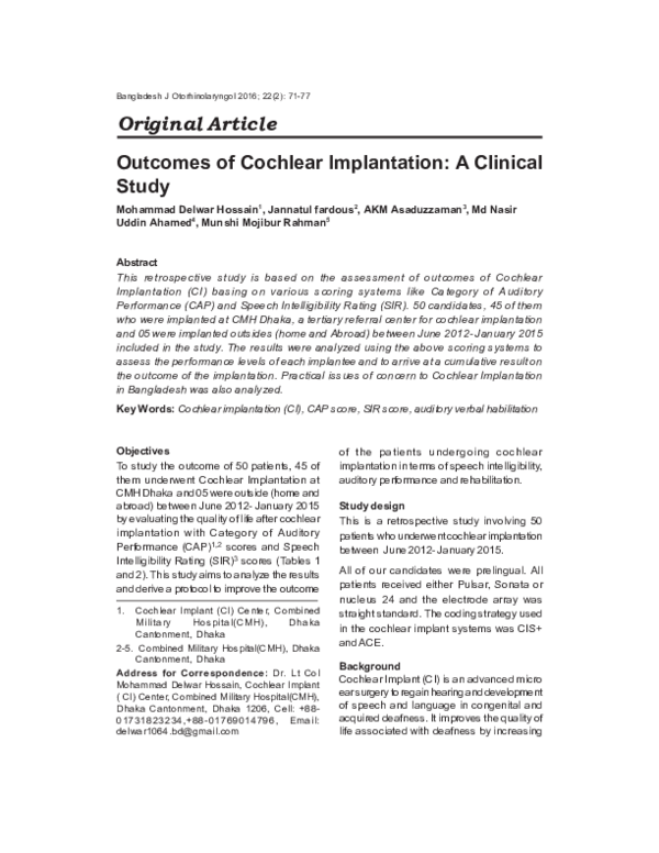 (PDF) Outcomes of Cochlear Implantation: A Clinical Study