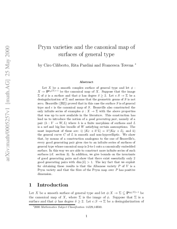 (PDF) Prym varieties and the canonical map of surfaces of general type