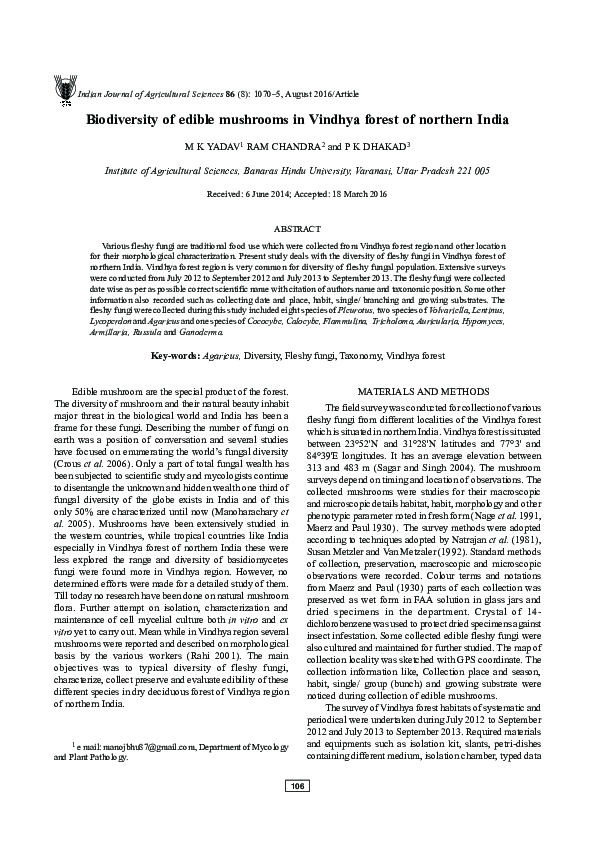 (PDF) Biodiversity of edible mushrooms in Vindhya forest of northern India