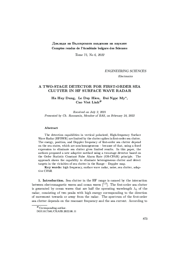 Pdf A Two Stage Detector For First Order Sea Clutter In Hf Surface Wave Radar Linh Cao