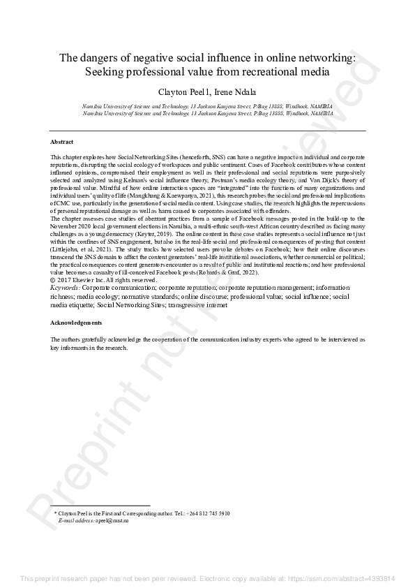 (PDF) The dangers of negative social influence in online networking ...