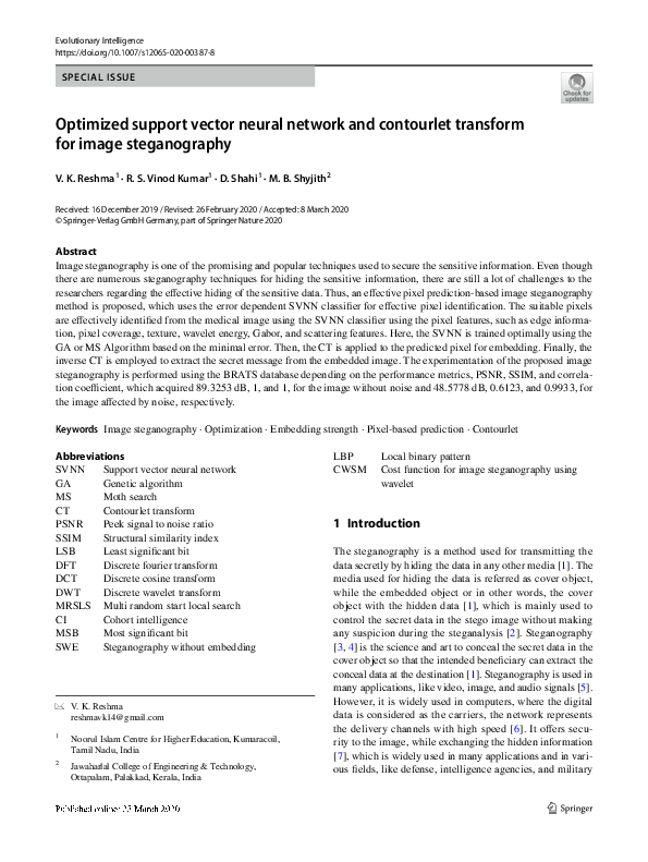 (PDF) Optimized support vector neural network and contourlet transform for image steganography