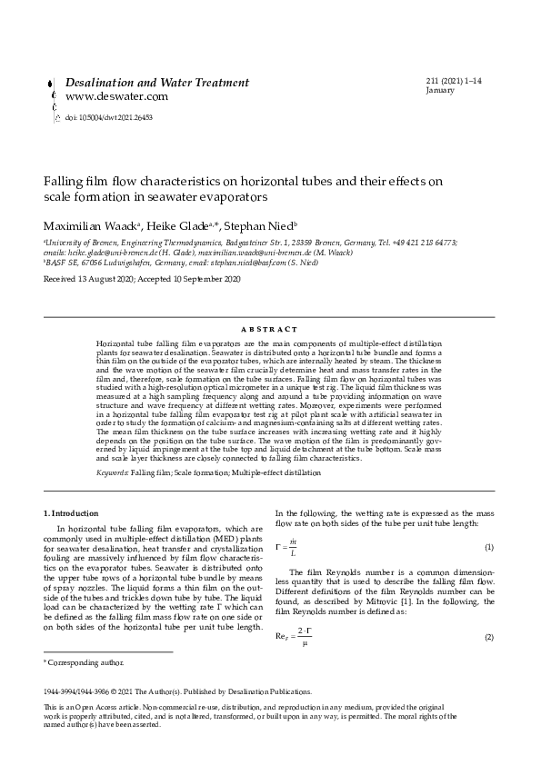 (PDF) Falling film flow characteristics on horizontal tubes and their ...