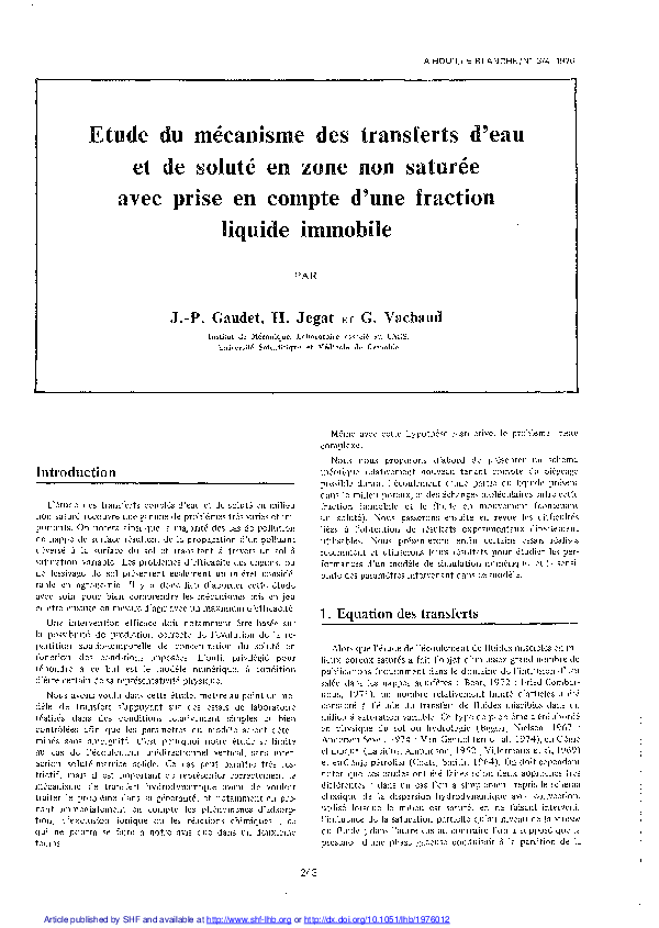 Étude Du Mécanisme Des Transferts D'Eau et De Soluté en Zone Non Saturée Avec Prise en Compte D ...