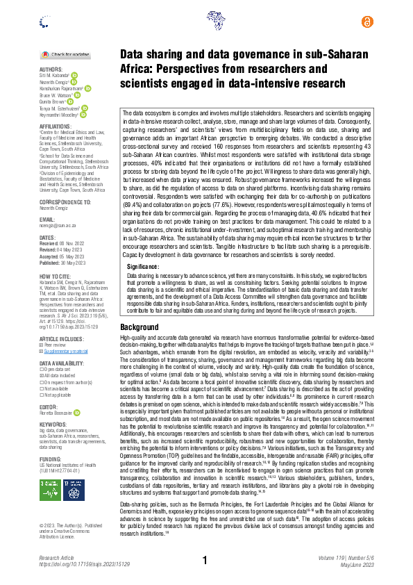 (PDF) Data sharing and data governance in sub-Saharan Africa: Perspectives from researchers and ...