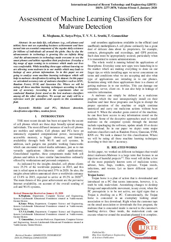 Pdf Assessment Of Machine Learning Classifiers For Malware Detection