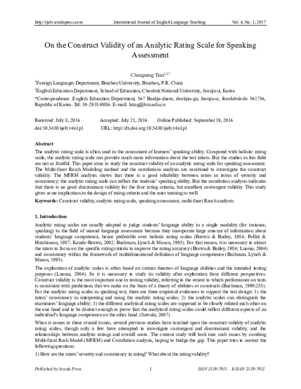 (PDF) On the Construct Validity of an Analytic Rating Scale for Speaking Assessment