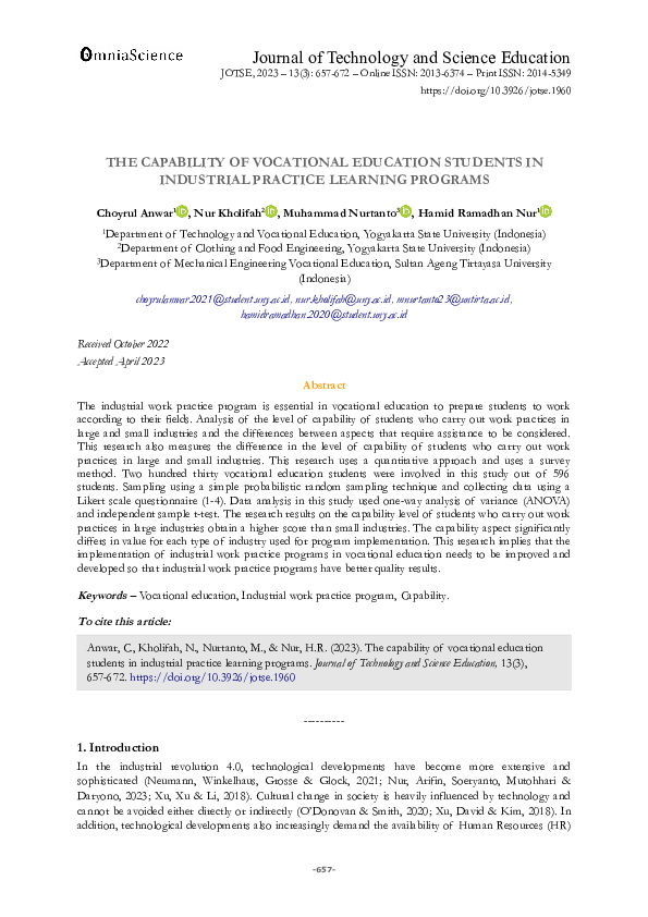 (PDF) THE CAPABILITY OF VOCATIONAL EDUCATION STUDENTS IN INDUSTRIAL ...