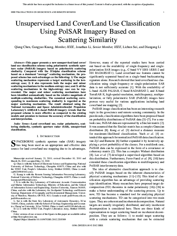 Unsupervised Land Cover/Land Use Classification Using PolSAR Imagery Based on Scattering Similarity