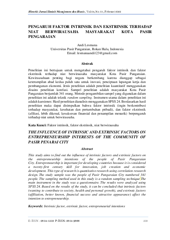 (PDF) Pengaruh Faktor Intrinsik Dan Ekstrinsik Terhadap Niat Berwirausaha Masyarakat Kota Pasir ...