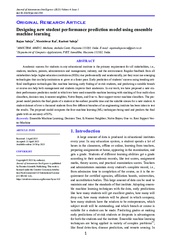 (PDF) Designing new student performance prediction model using ensemble machine learning