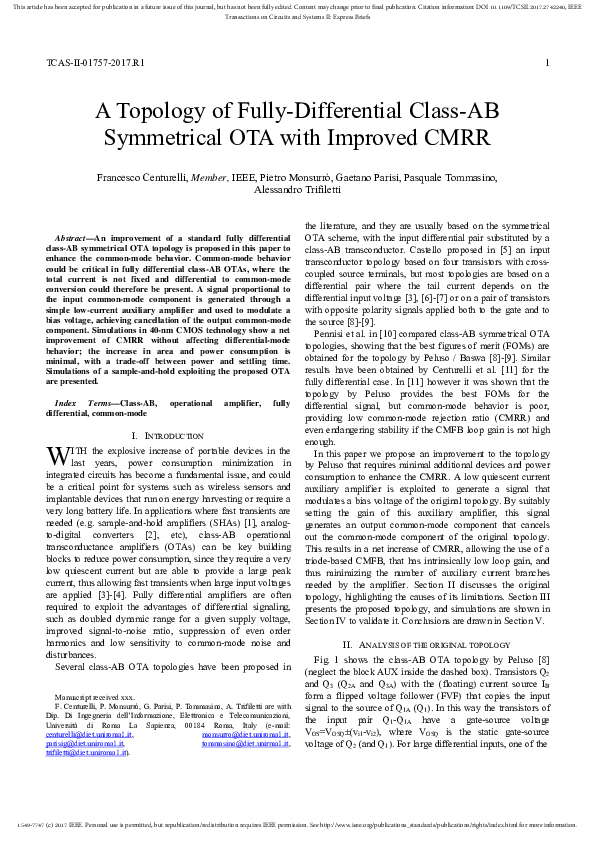(PDF) A Topology of Fully Differential Class-AB Symmetrical OTA With ...